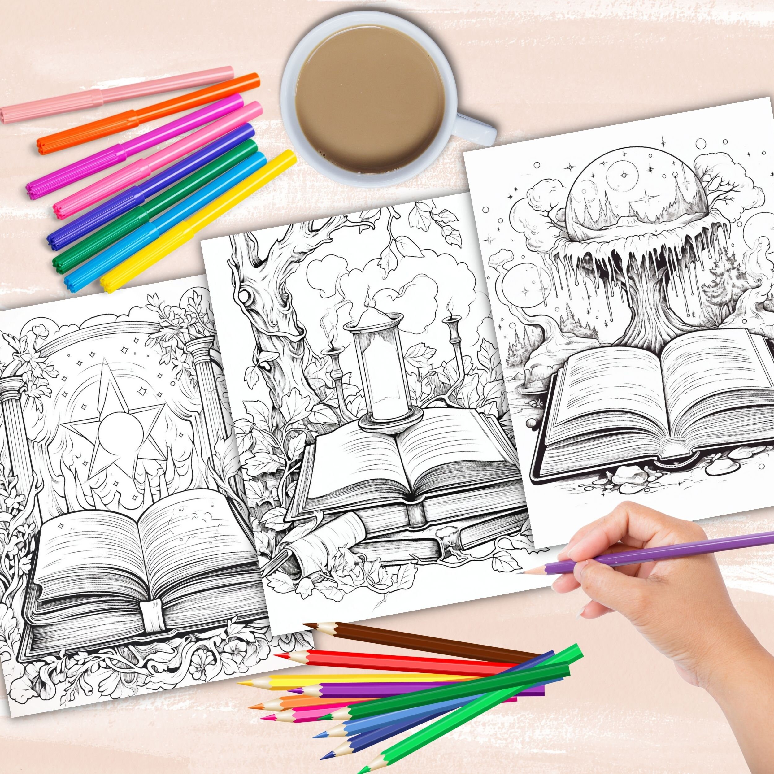 Spells and Grimoires Coloring Pages, Open Magic Book Coloring Book ...