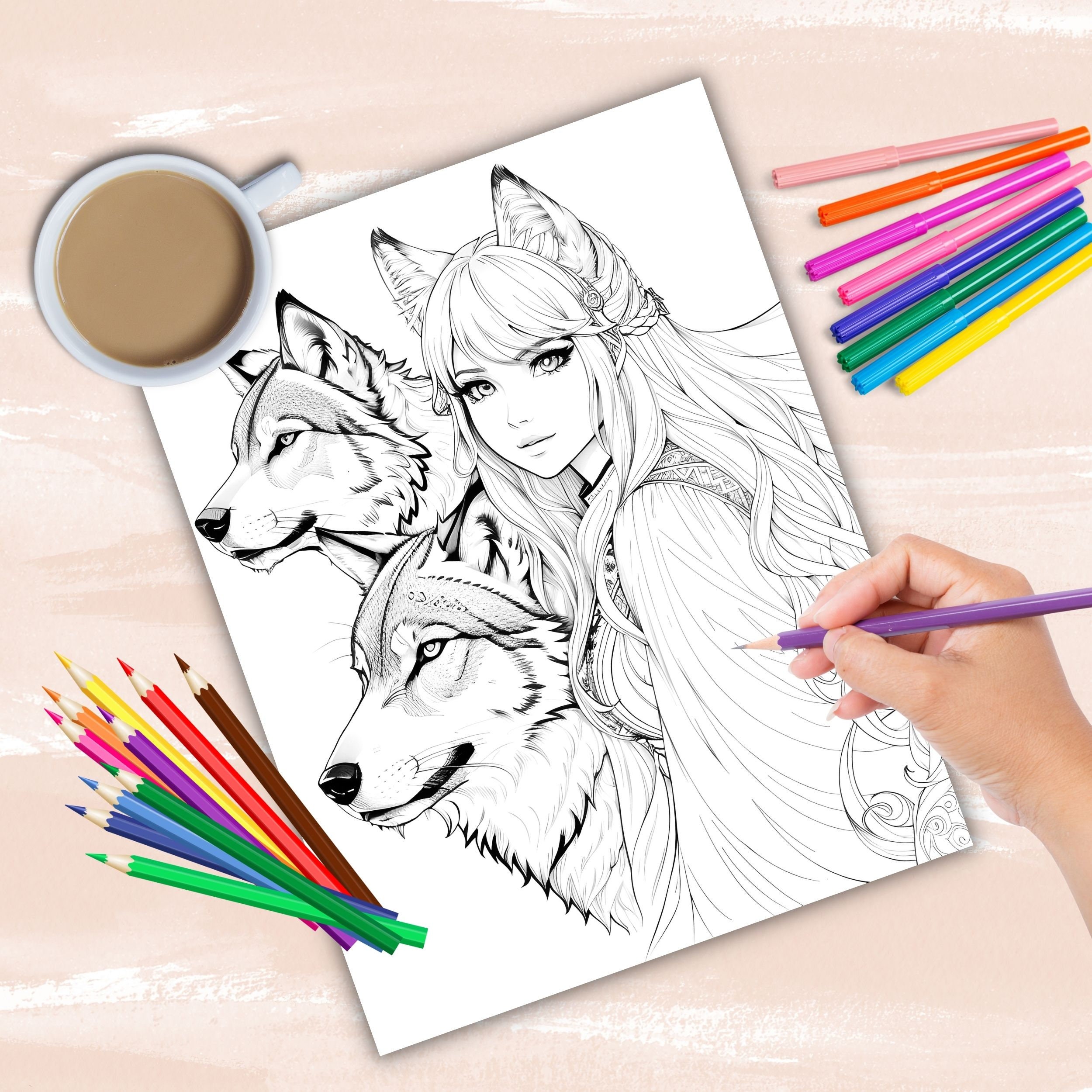 Wolf Maiden Coloring Book, Printable Wolves Coloring Pages, Anime ...