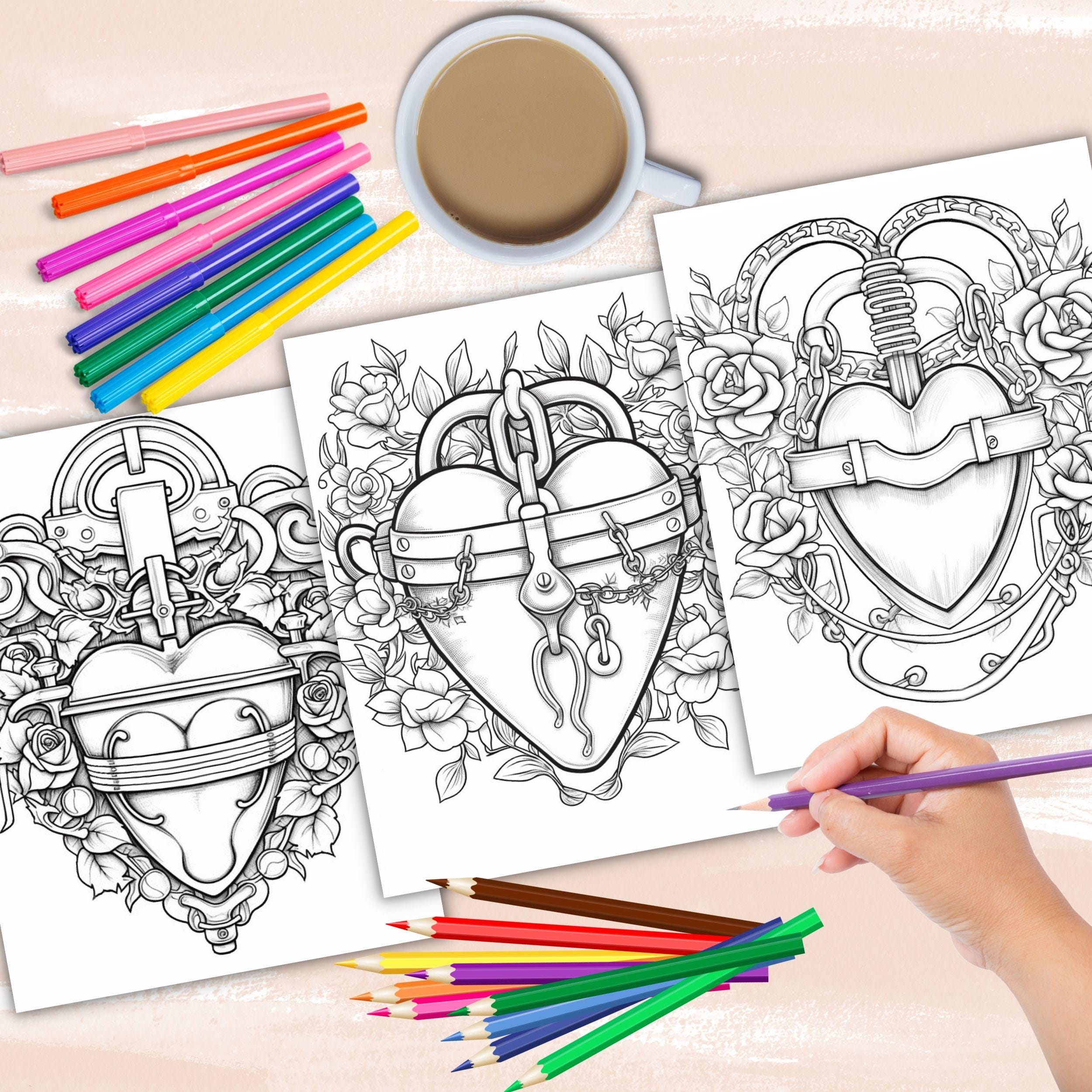 Heart Locks Coloring Book, Floral Heart Coloring Pages, Valentines Day ...