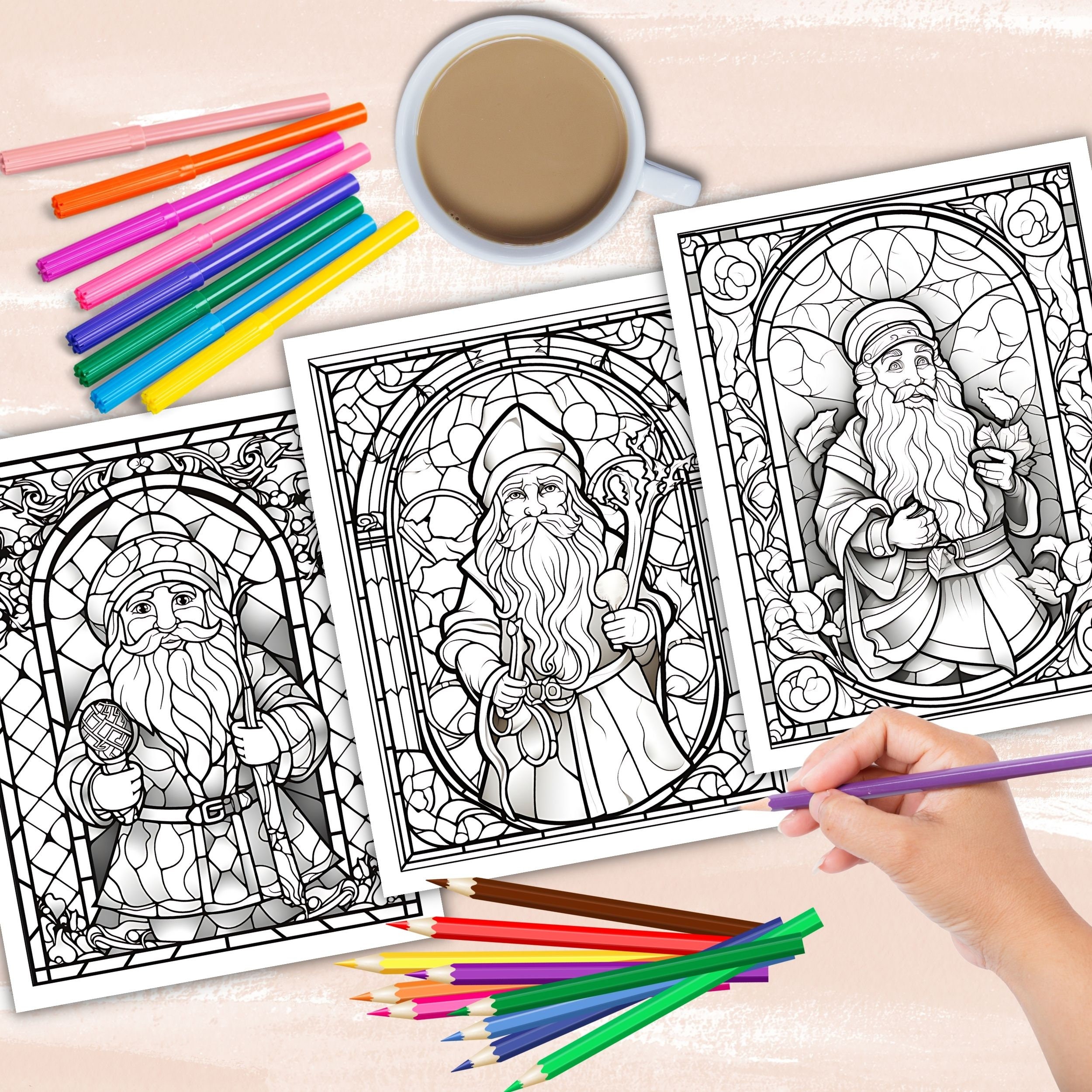 Stained Glass Santa Coloring Book, Merry Christmas Coloring, Santa ...