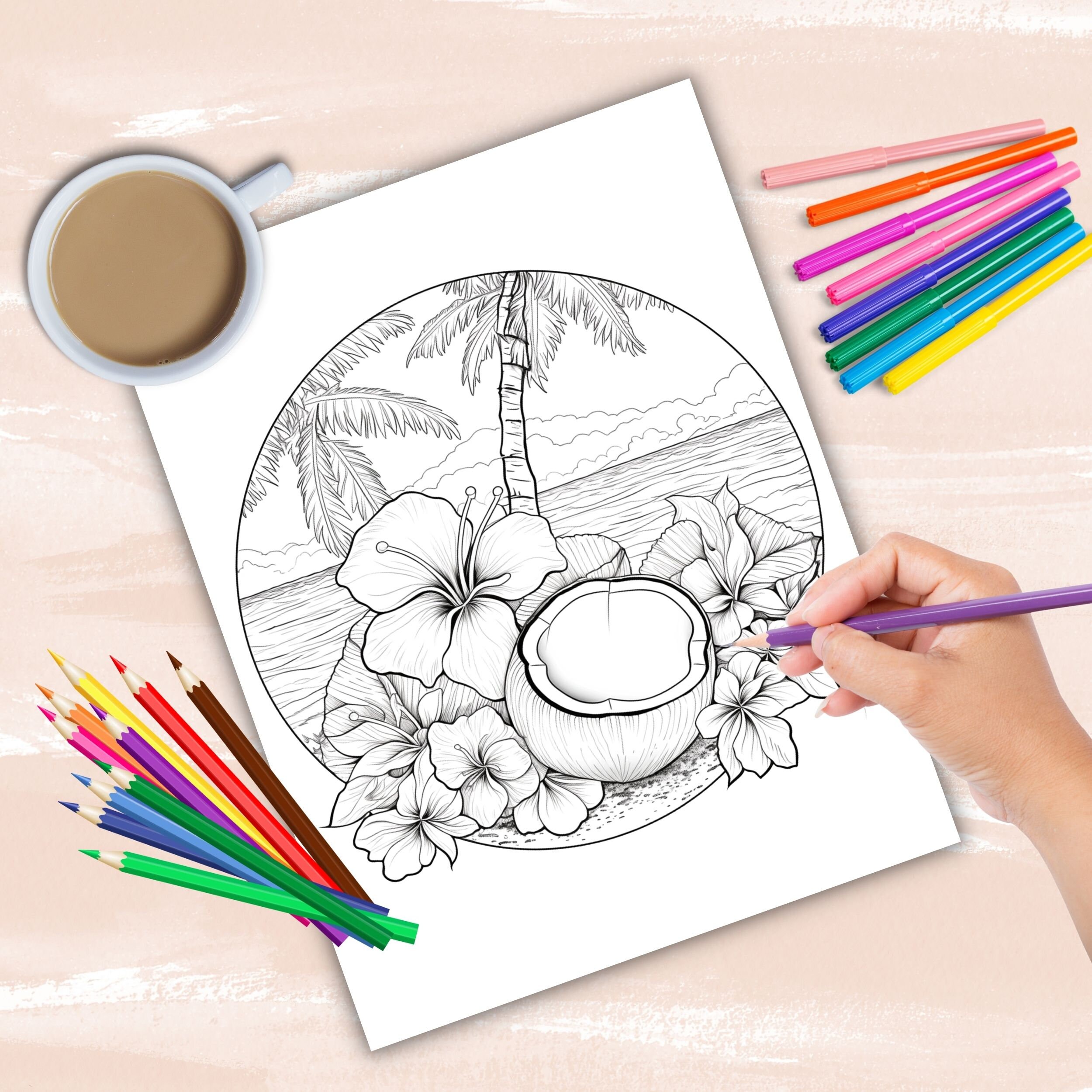 Coconut Summer Island Coloring Book, Tropical Summer Coloring Pages ...
