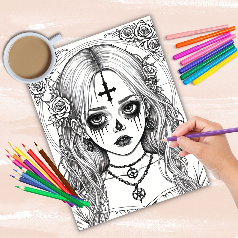 Gothic Horror Girls Coloring Book, Gothic Halloween Coloring Pages ...