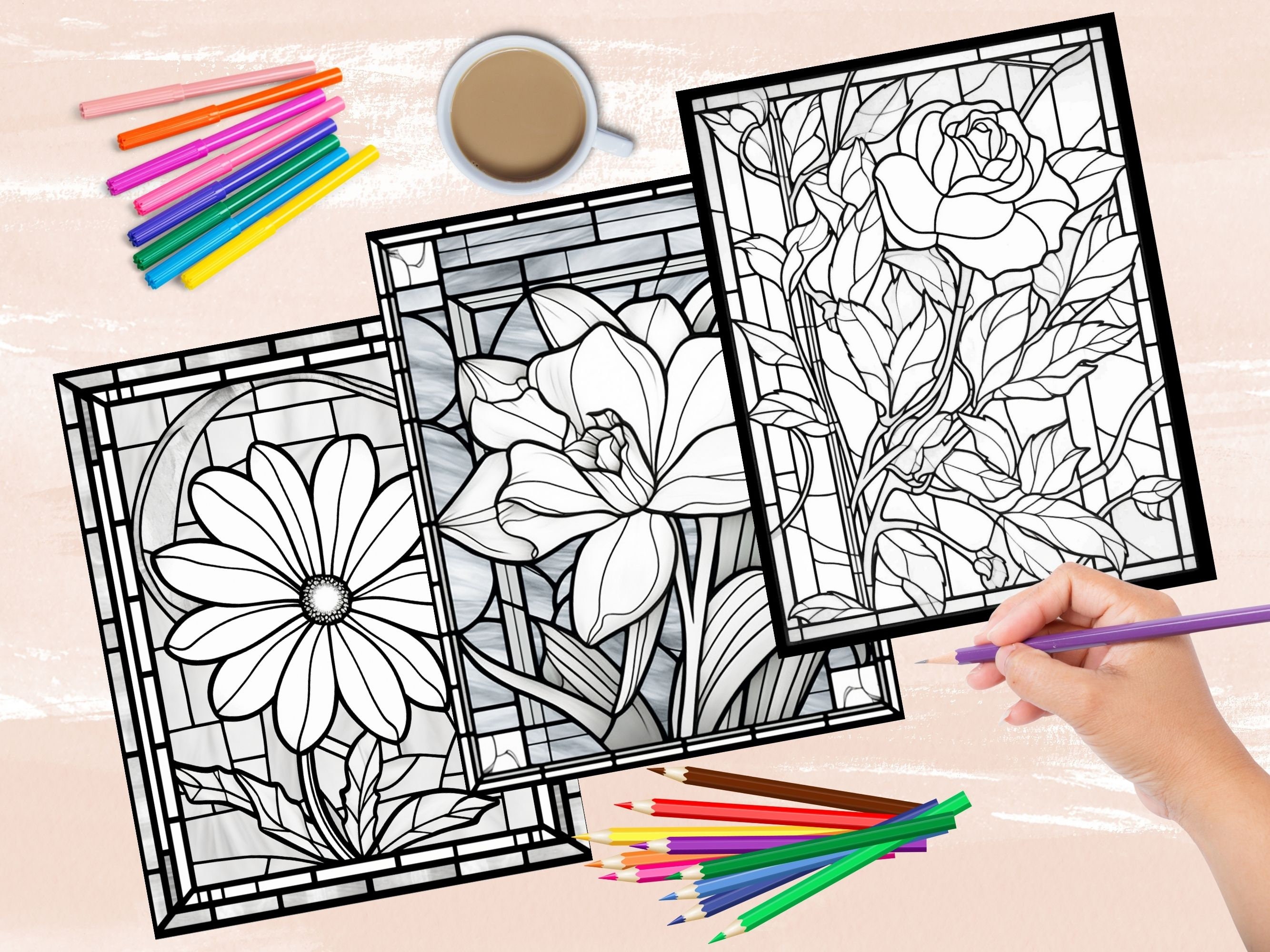 Stained Glass Flowers Coloring Book Floral Coloring Pages - Etsy