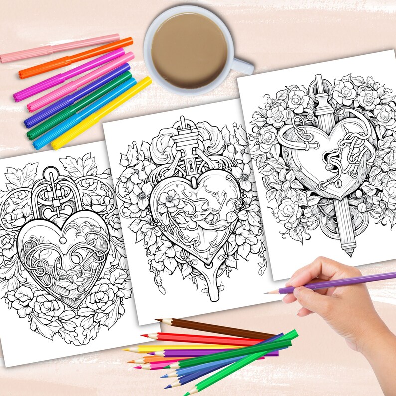 Love Locks Coloring Book, Floral Heart Padlock Coloring Pages, Love ...
