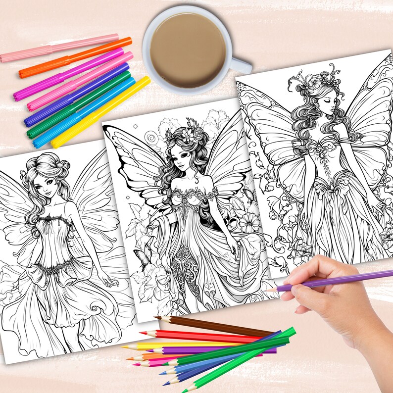 Forest Fairies Coloring Pages, Fairy Fantasy Coloring Book, Grayscale ...