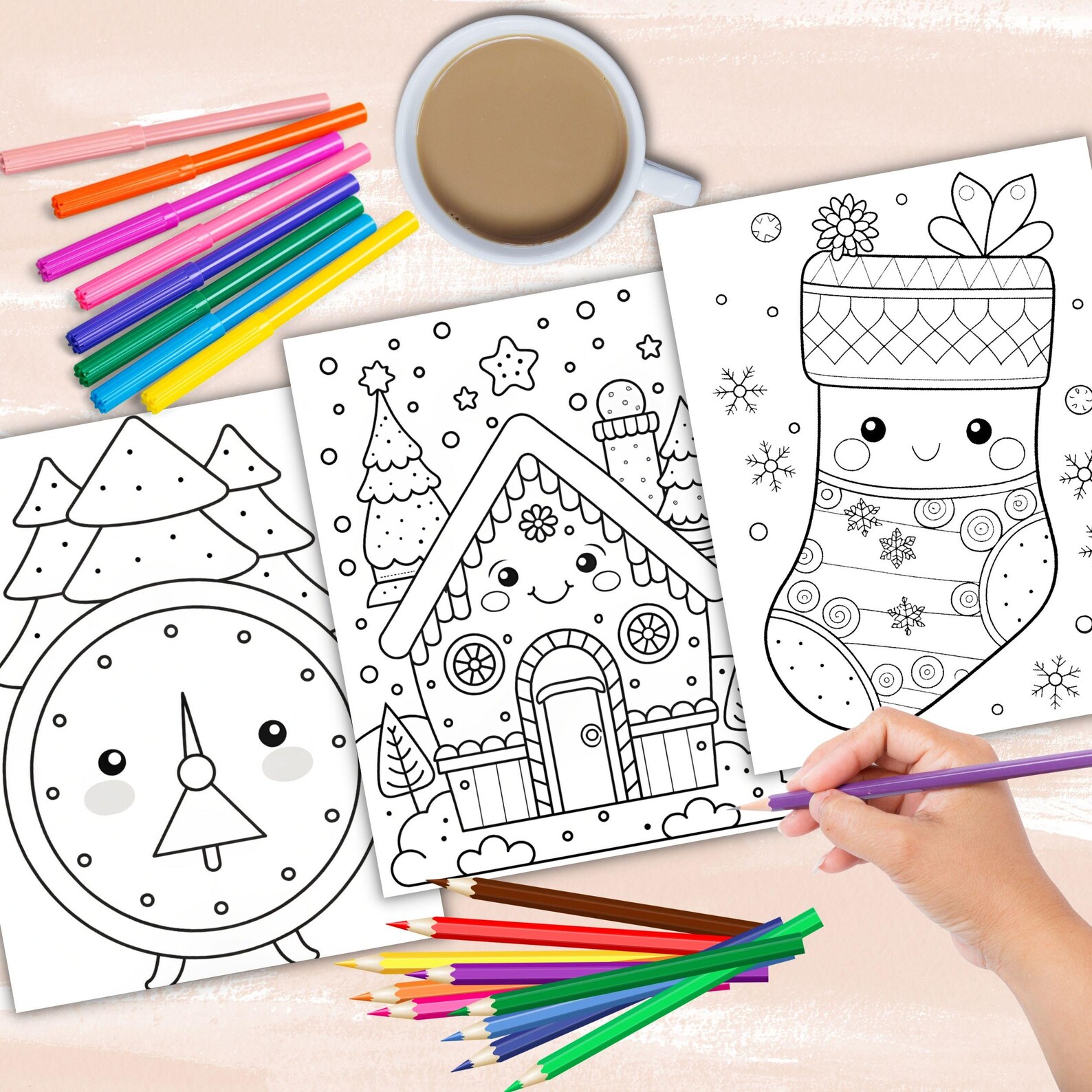 Cute Kawaii Christmas Coloring Pages, Kawaii Coloring Book, Bold Easy ...