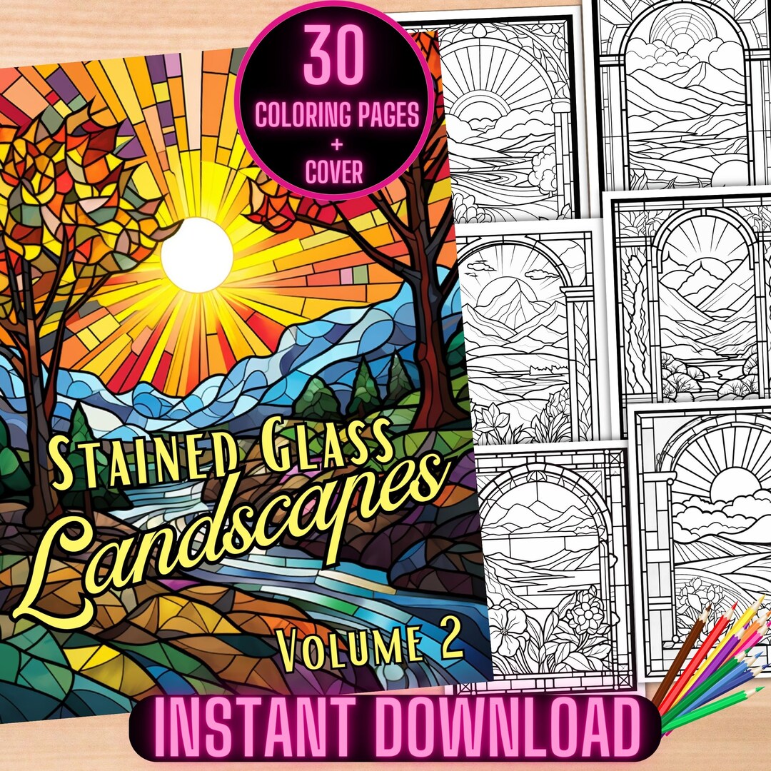 Stained Glass Landscapes Coloring Book, Relaxing Scenery Coloring Pages ...