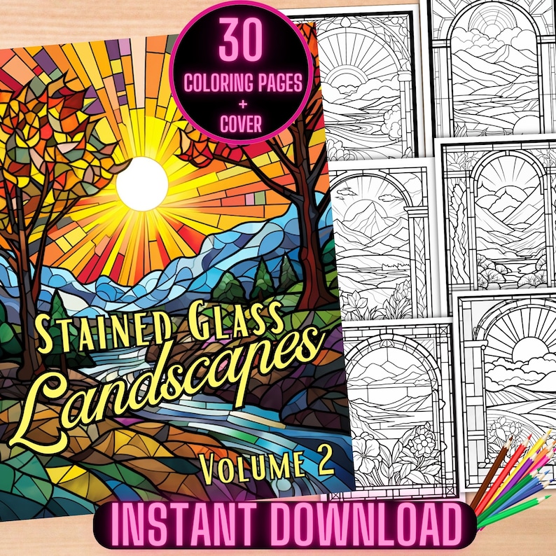Stained Glass Landscapes Coloring Book, Relaxing Scenery Coloring Pages ...