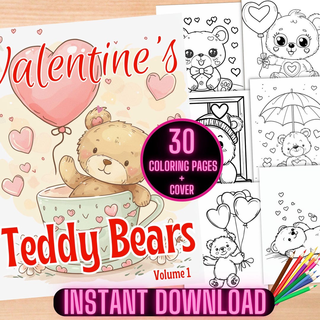 Valentines Day Coloring Book, Cute Kawaii Bear Coloring Pages, Kids ...