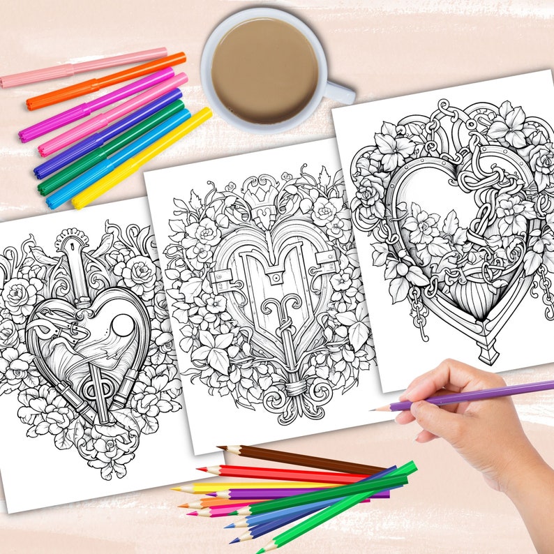Love Locks Coloring Book, Floral Heart Padlock Coloring Pages, Love ...