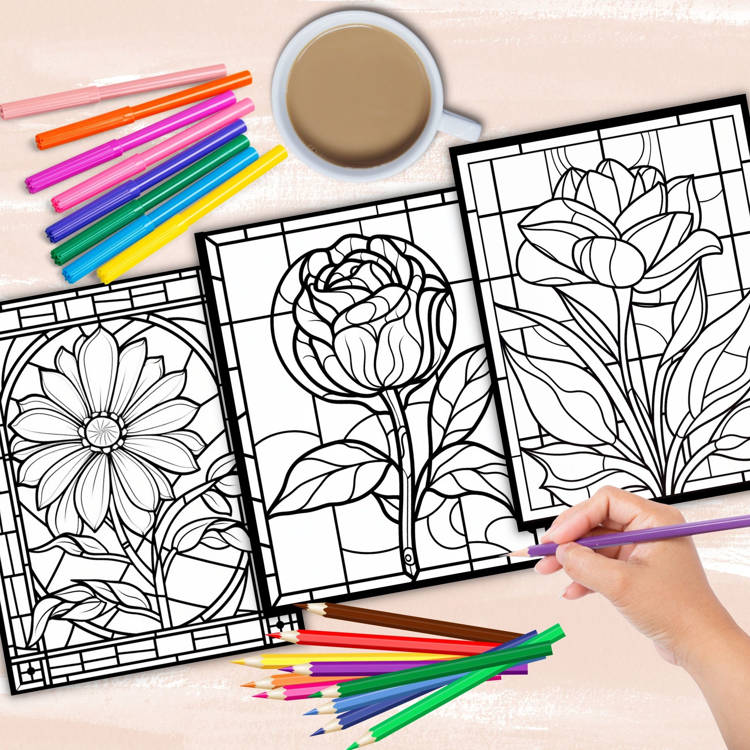 Stained Glass Flowers Coloring Book, Floral Coloring Pages, Botanical ...