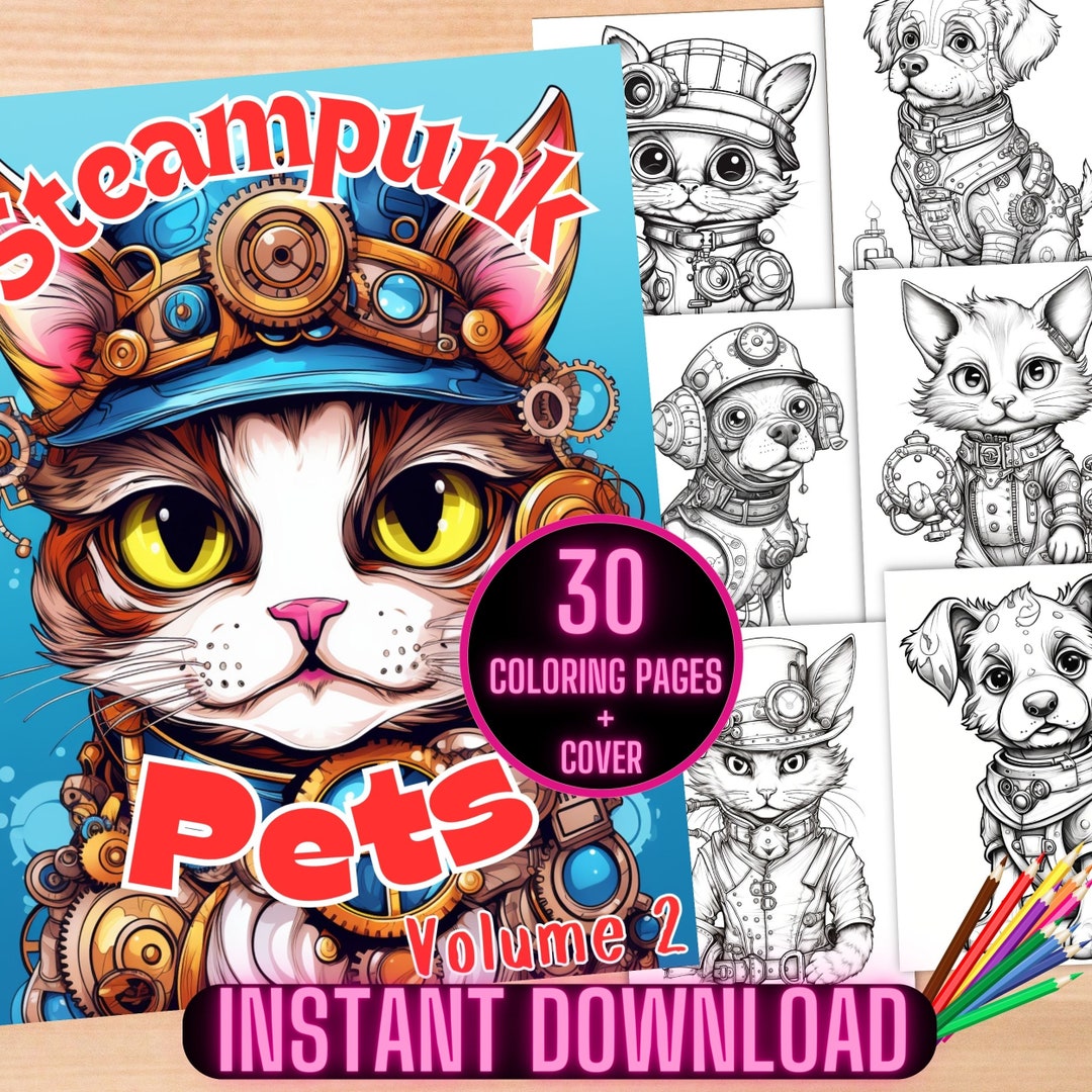 Steampunk Pets Coloring Book, Steampunk Cats and Dogs Coloring Pages ...