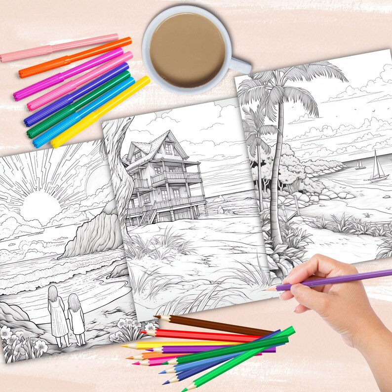 Beach Scenes Coloring Book, Relaxing Beach Scenery Coloring Pages ...