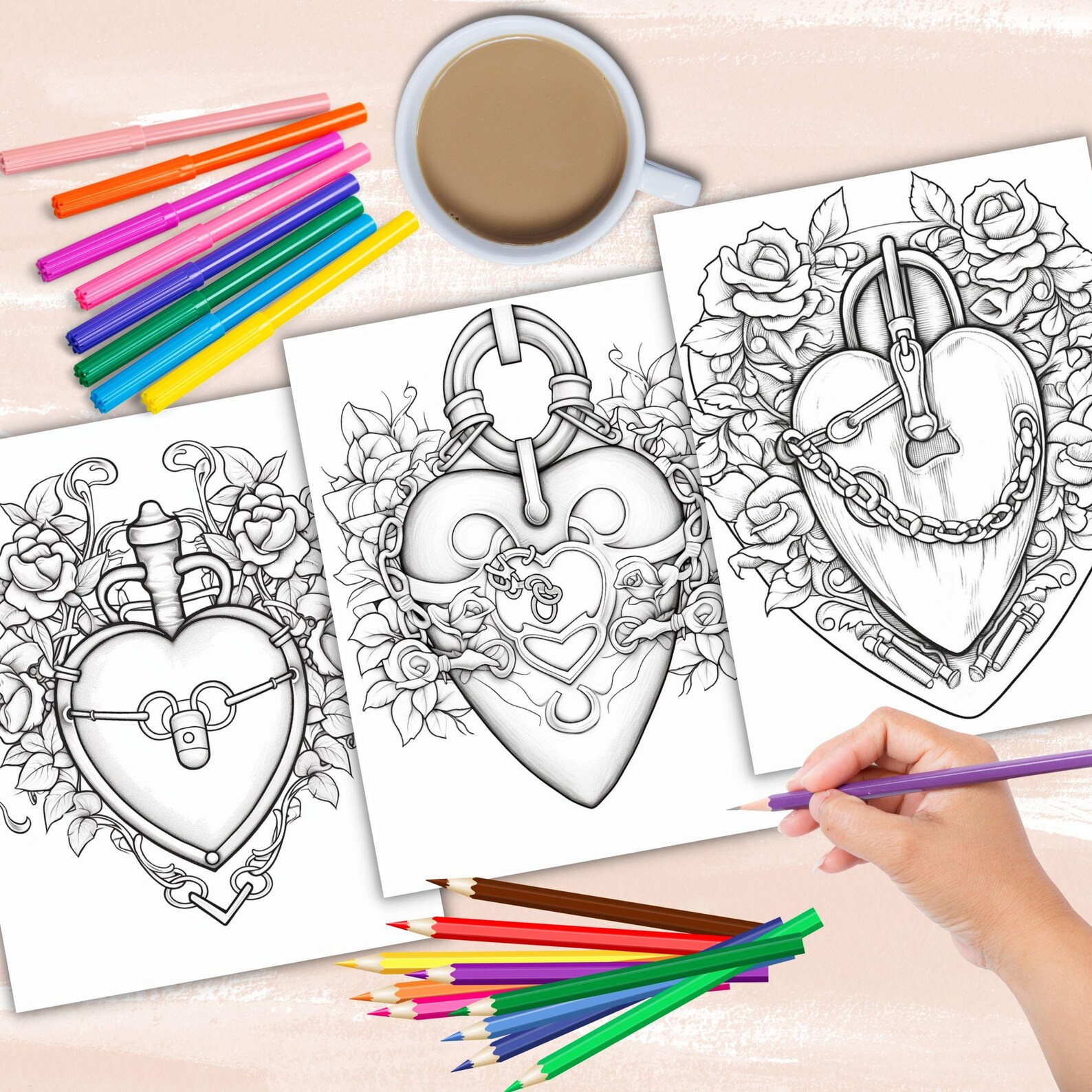 Heart Locks Coloring Book, Floral Heart Coloring Pages, Valentines Day ...