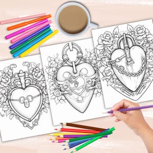 Heart Locks Coloring Book, Floral Hearts Coloring Pages, Valentines Day ...