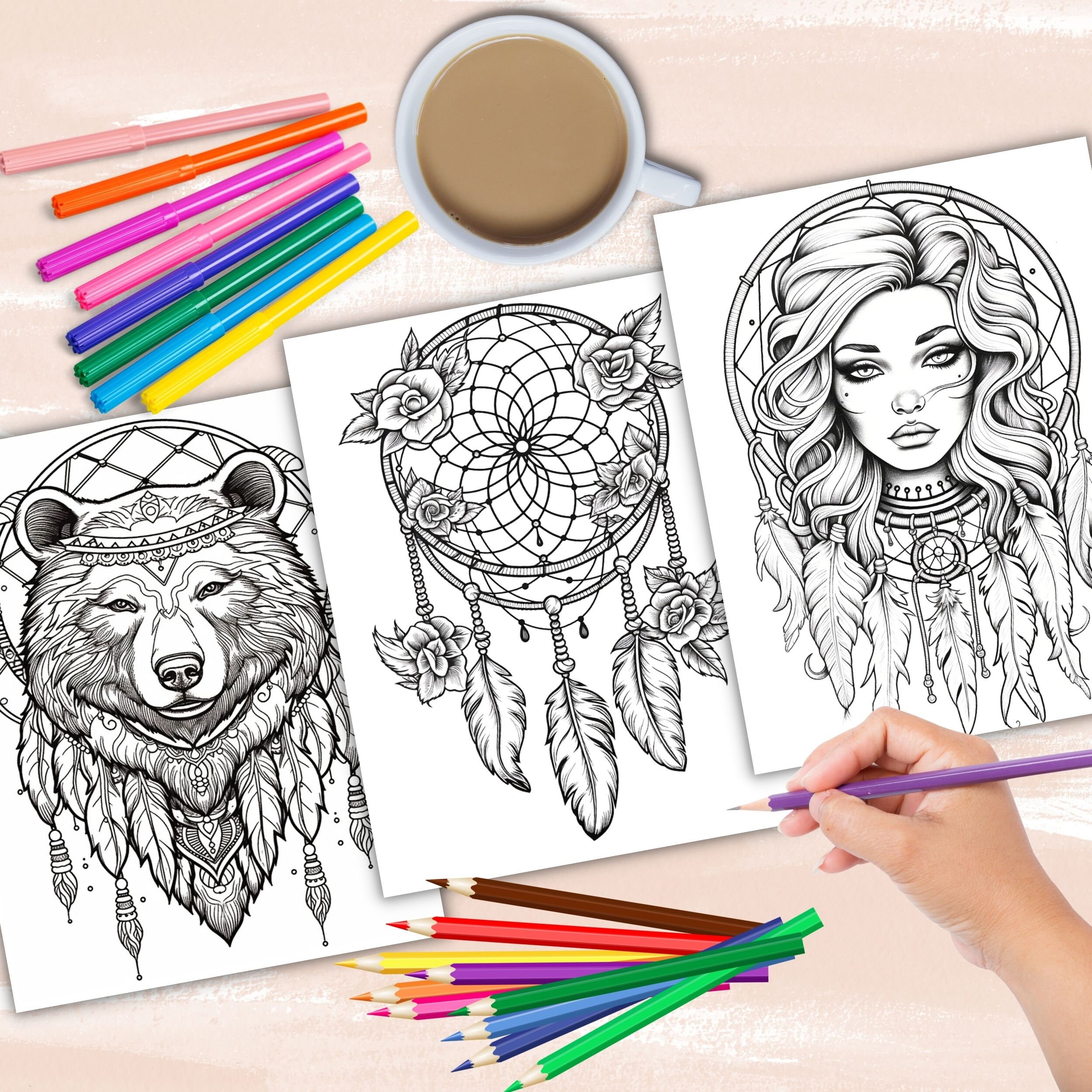 Mystical Dream Catchers Coloring Pages, Tribal Coloring Pages, Native ...