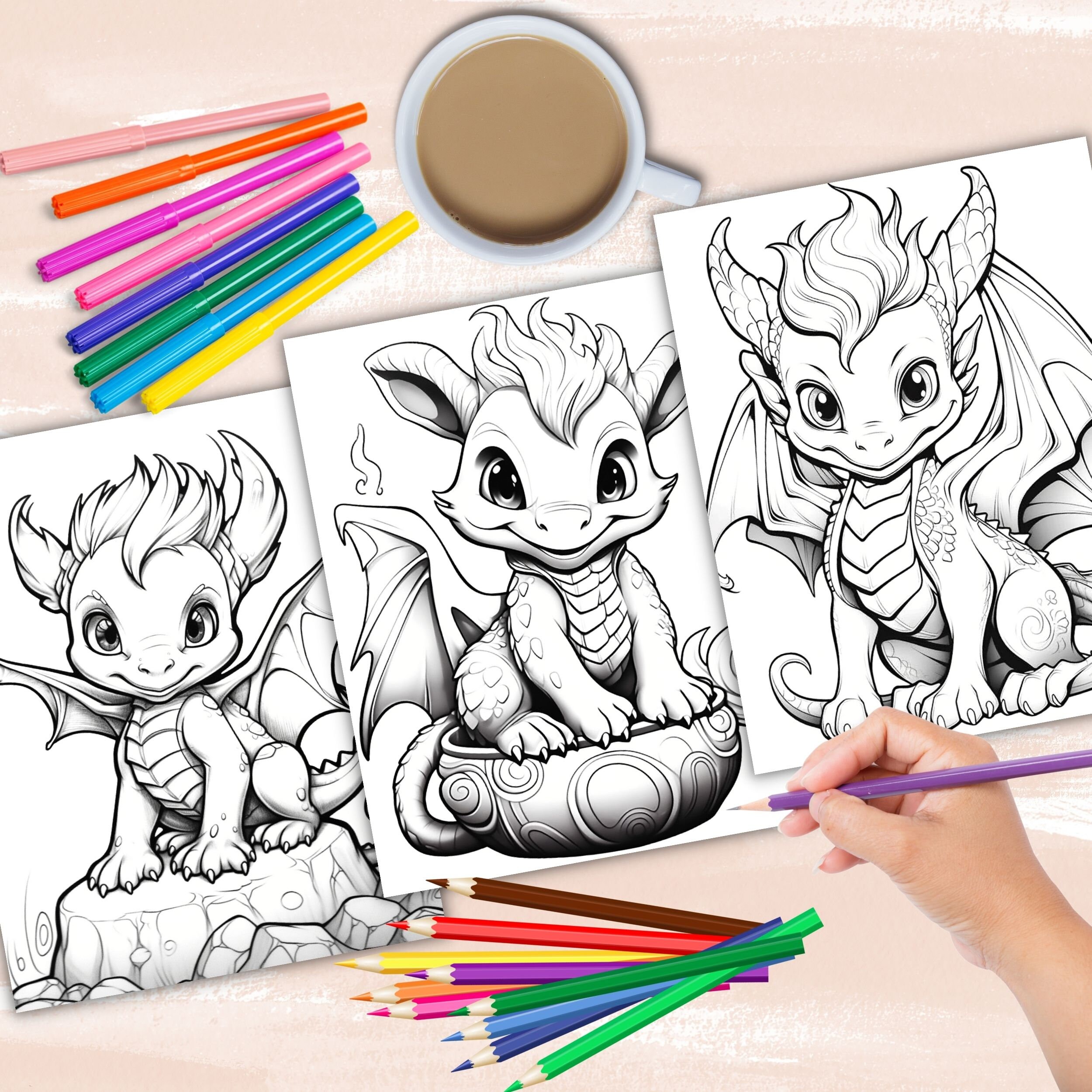 Little Dragon Coloring Pages, Fantasy Coloring Book, Grayscale Baby ...