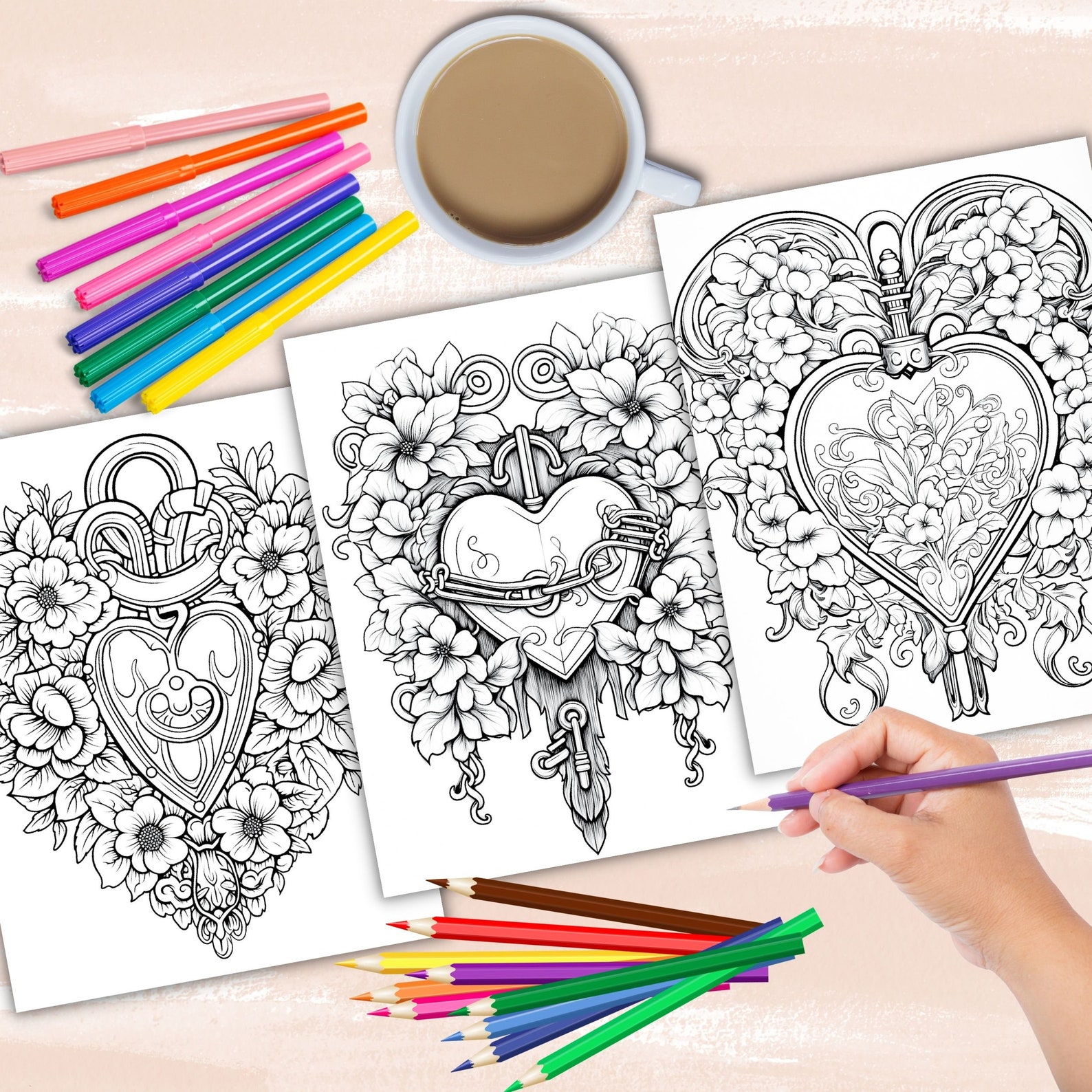 Love Locks Coloring Book, Floral Heart Padlock Coloring Pages, Love ...