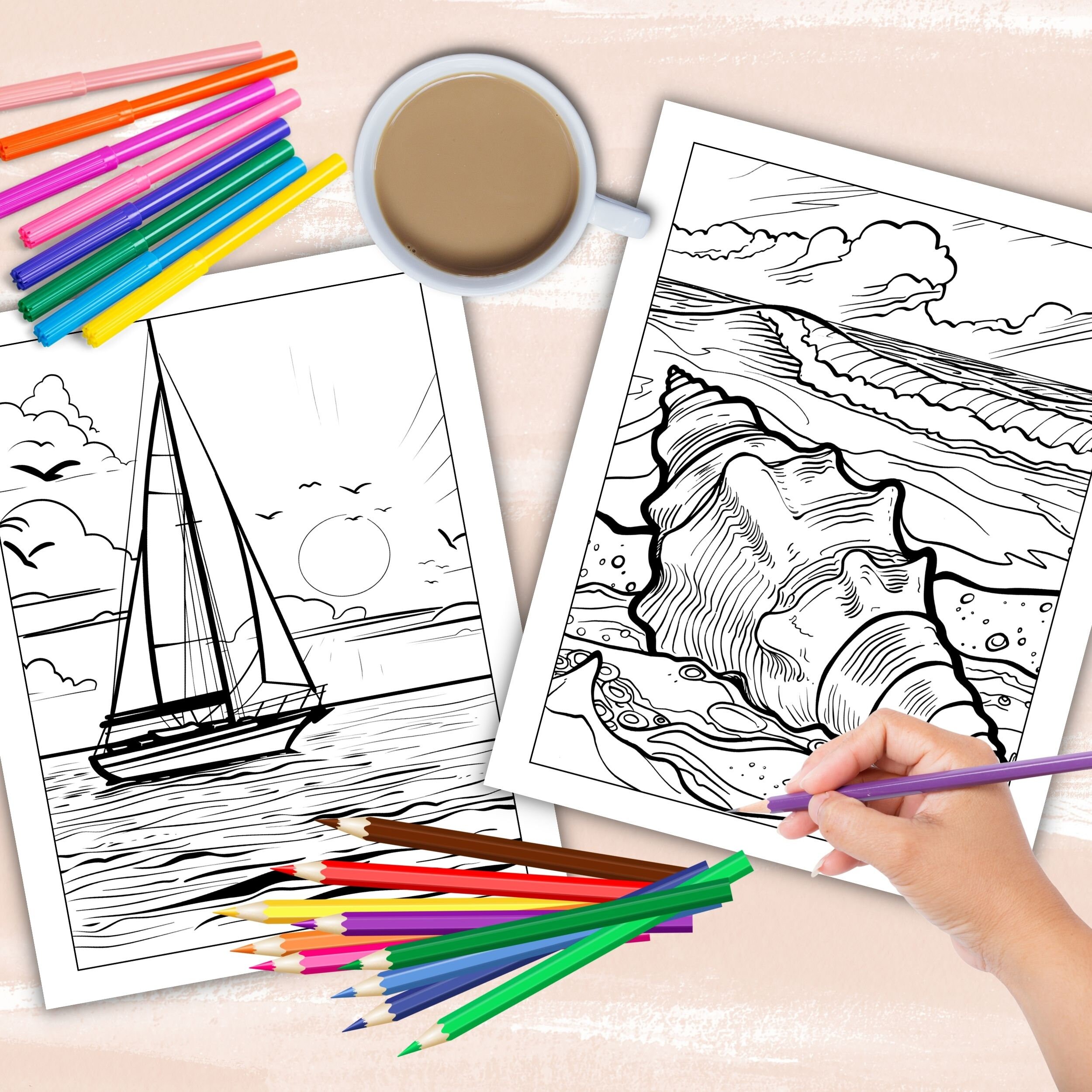 Summer Vibes Coloring Book, Beach Fun Coloring Sheets, Adult Coloring ...