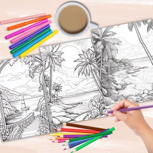 Beach Scenes Coloring Book, Relaxing Beach Scenery Coloring Pages ...