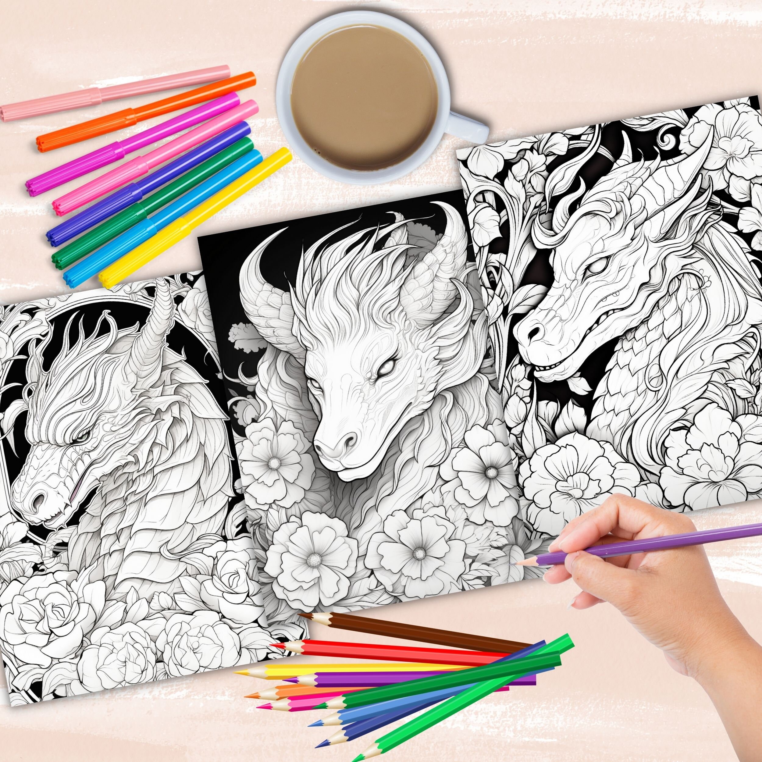 Midnight Flower Dragon Coloring Pages, Dragon Fantasy Coloring Book ...