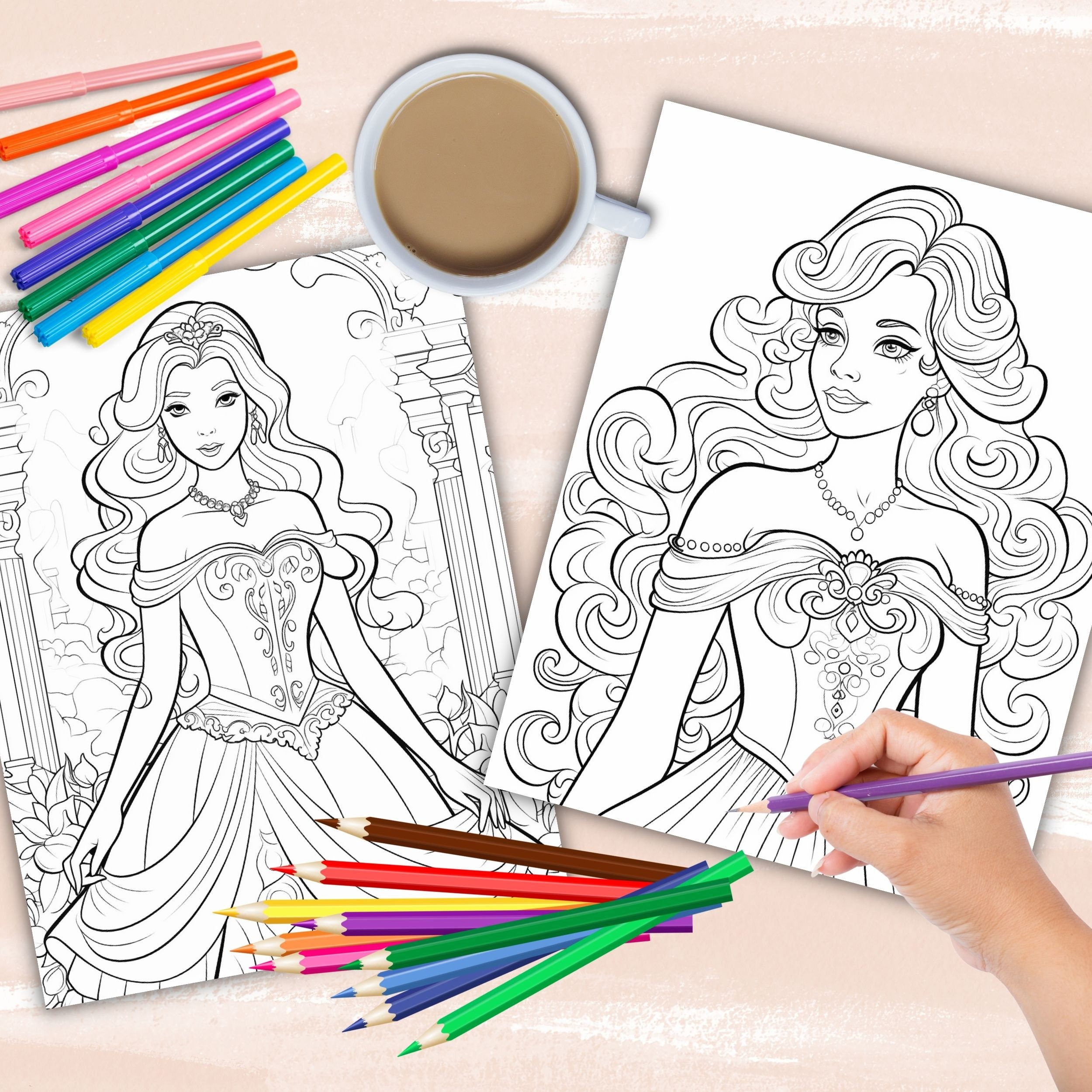 Enchanted Princesses Coloring Pages, Fairytale Fantasy Coloring Book ...