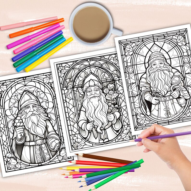 Stained Glass Santa Coloring Book, Merry Christmas Coloring, Santa ...