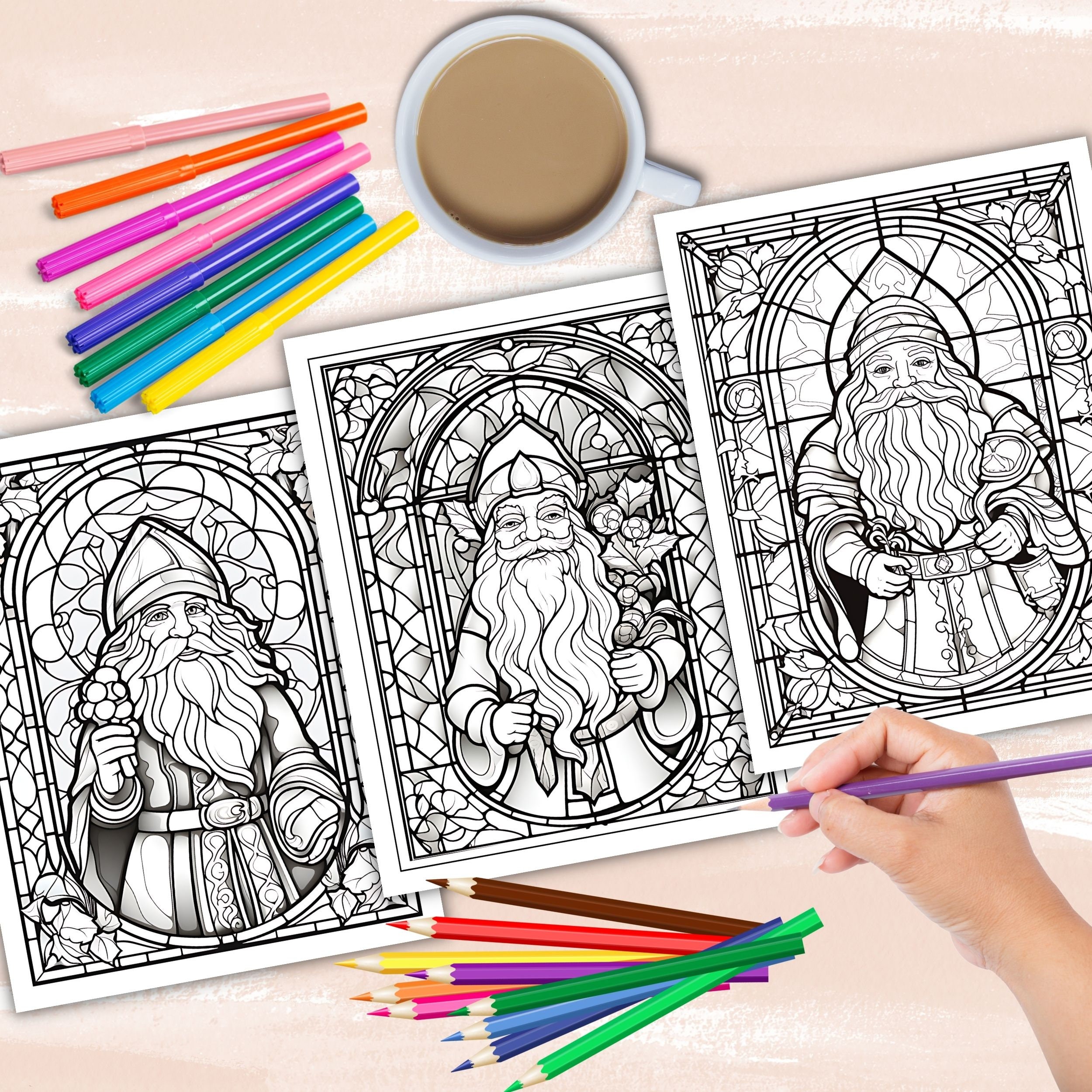 Stained Glass Santa Coloring Book, Merry Christmas Coloring, Santa ...