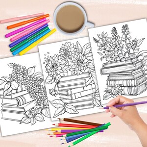 Books and Flowers Coloring Pages, Floral Book Stacks Coloring Sheets ...