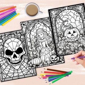 Stained Glass Halloween Coloring Book Grayscale Halloween - Etsy