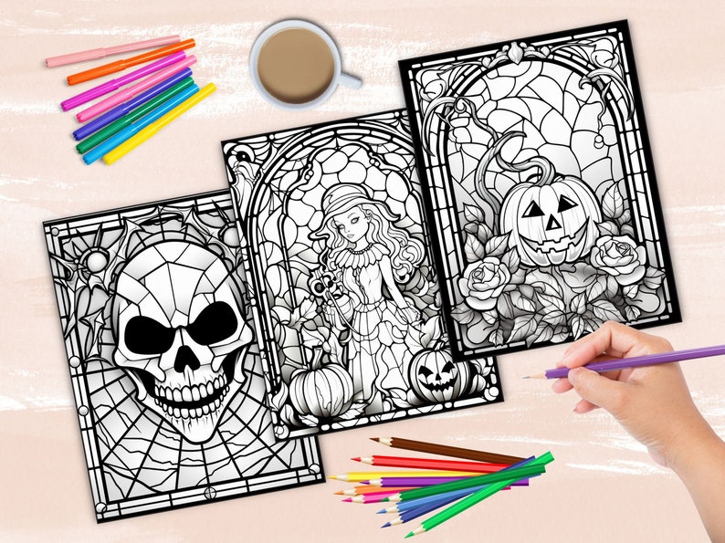 Stained Glass Halloween Coloring Book Grayscale Halloween - Etsy