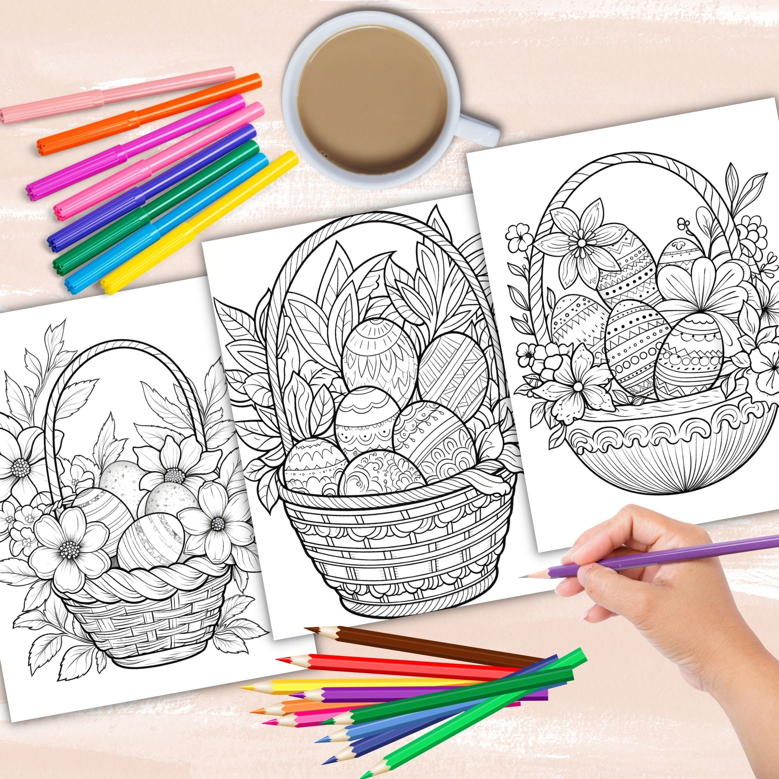 Easter Egg Baskets Coloring Pages, Easter Flowers Coloring Pages ...