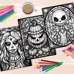 Stained Glass Halloween Coloring Book Grayscale Halloween - Etsy