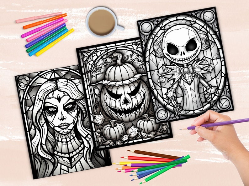 Stained Glass Halloween Coloring Book Grayscale Halloween - Etsy