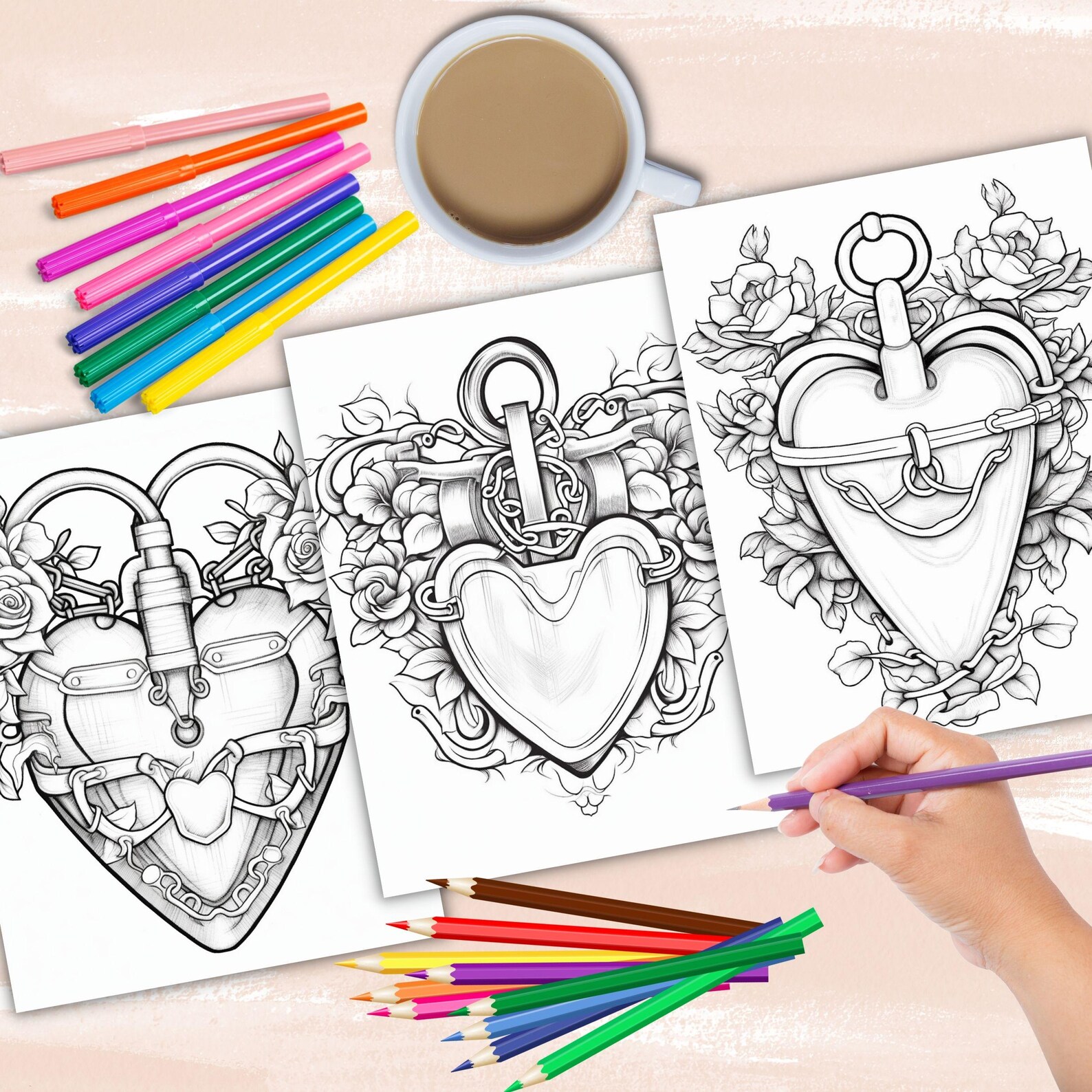 Heart Locks Coloring Book, Floral Heart Coloring Pages, Valentines Day ...