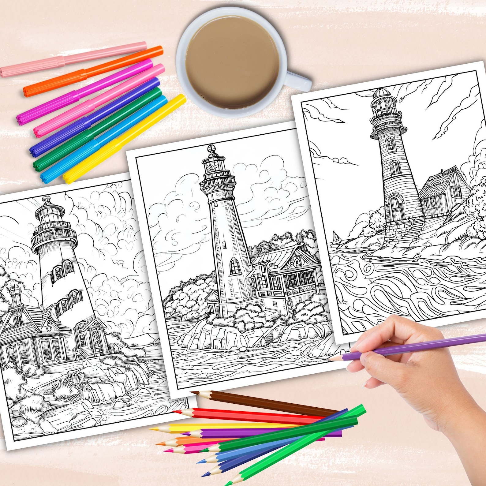 Coastal Lighthouses Coloring Book, Lighthouse Coloring Pages, Nautical ...