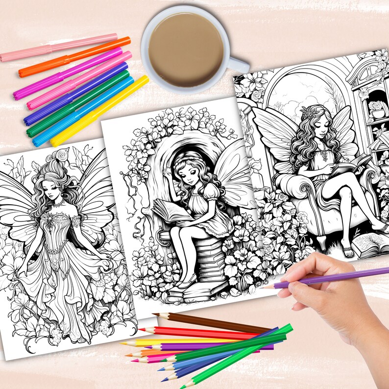 Forest Fairies Coloring Pages, Fairy Fantasy Coloring Book, Grayscale ...