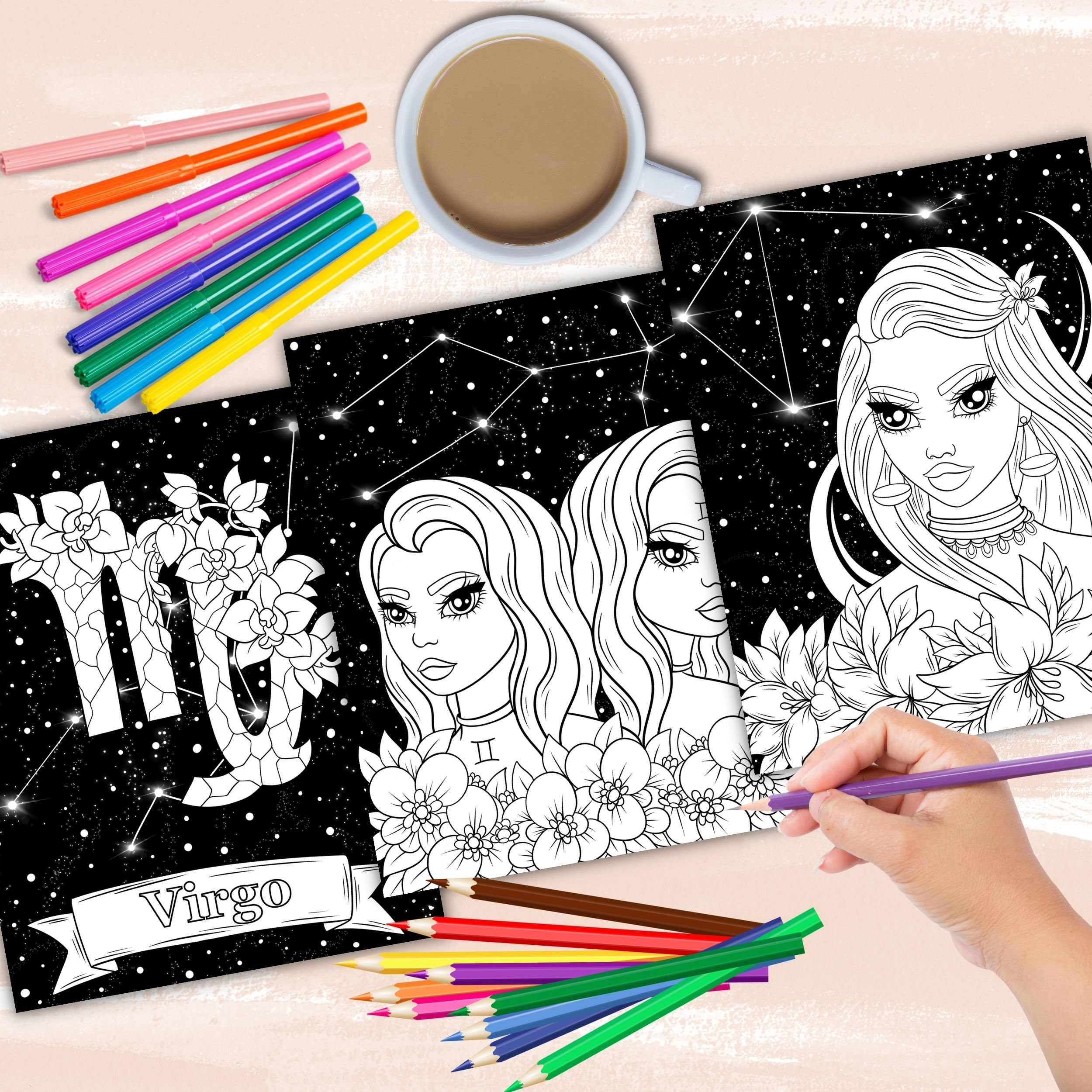 Dark Zodiac Coloring Book, Astrology Coloring Pages, Zodiac Coloring ...