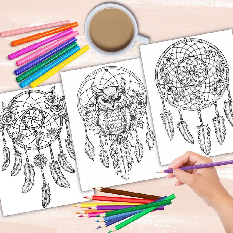 Mystical Dream Catchers Coloring Pages, Tribal Coloring Pages, Native ...