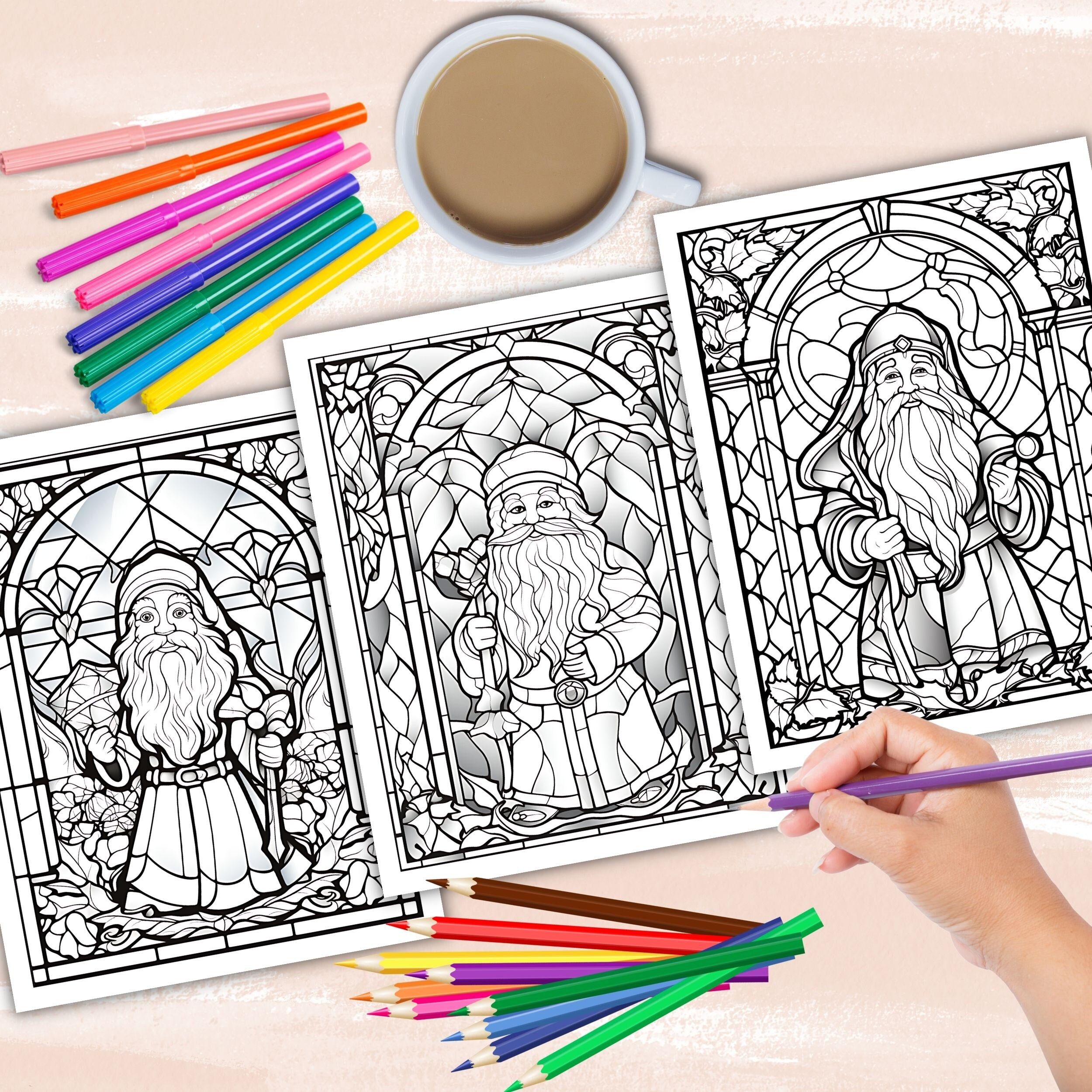 Stained Glass Santa Coloring Book, Merry Christmas Coloring, Santa ...