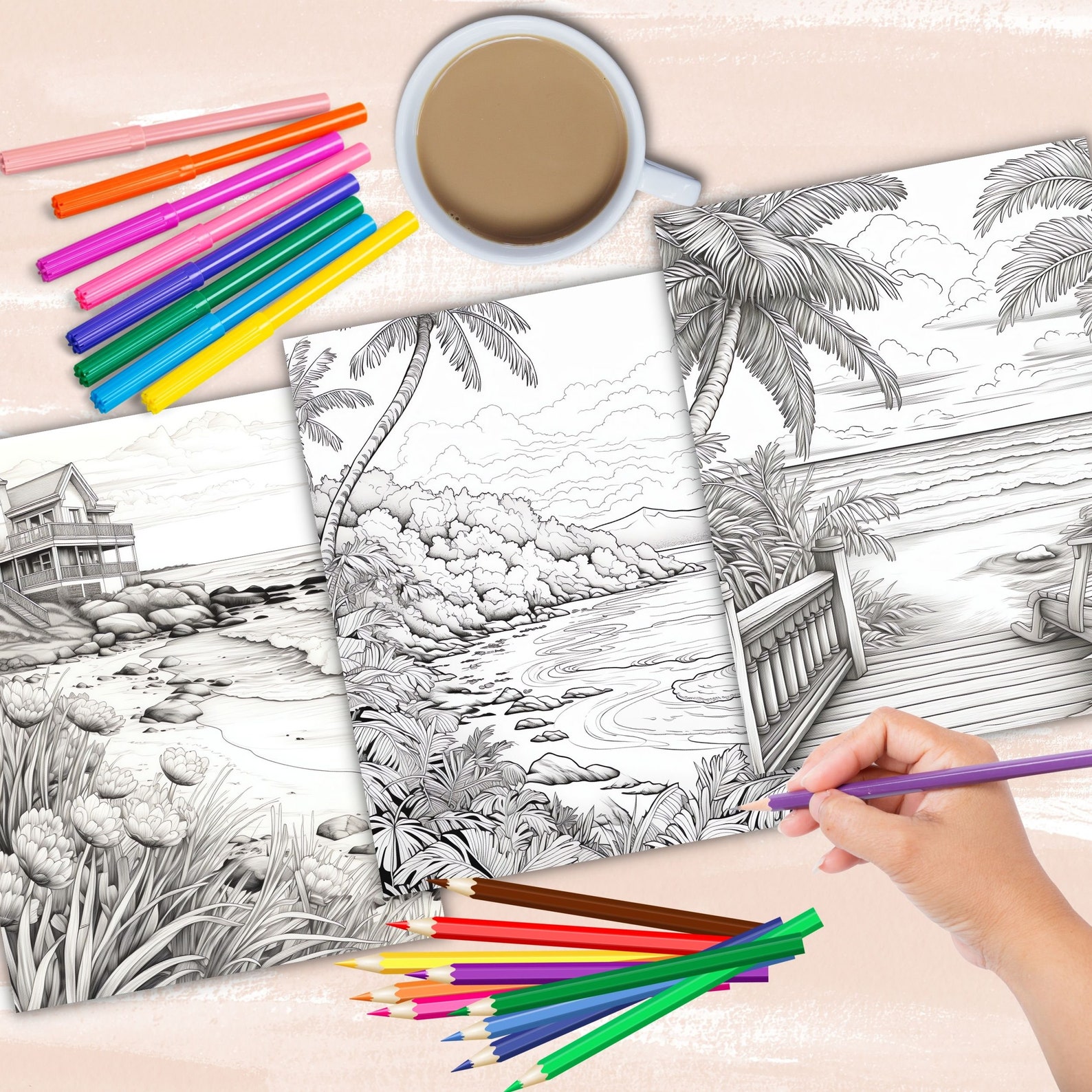 Beach Scenes Coloring Book, Relaxing Beach Scenery Coloring Pages ...