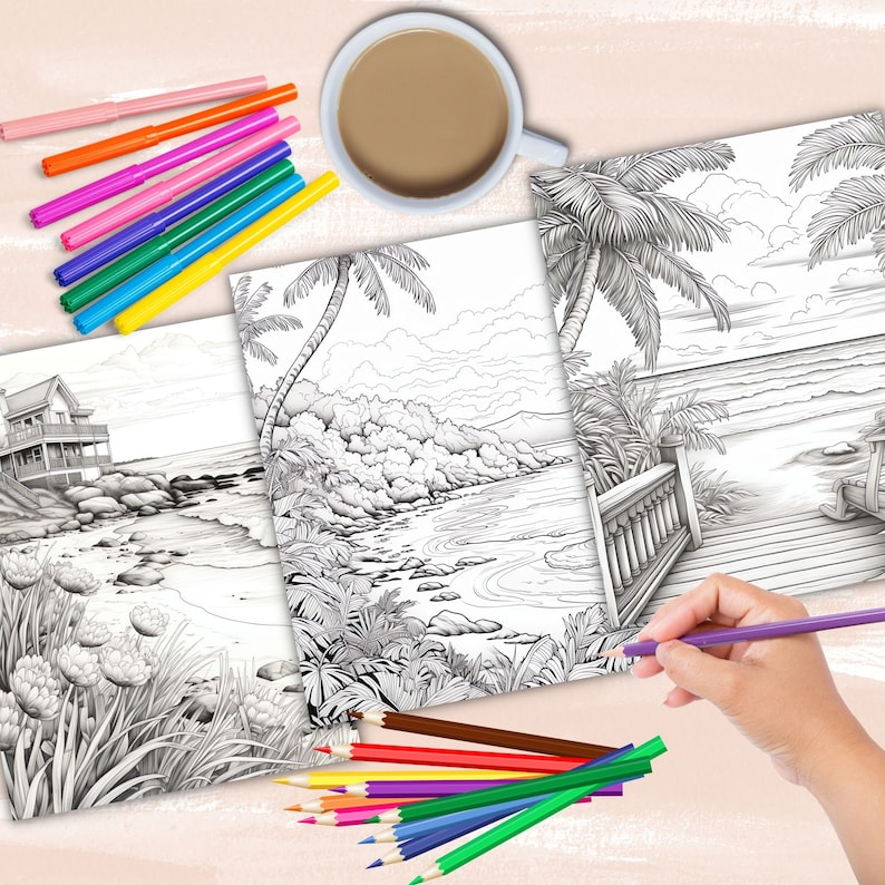 Beach Scenes Coloring Book, Relaxing Beach Scenery Coloring Pages ...