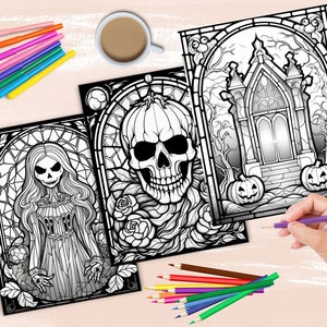 Stained Glass Halloween Coloring Book Grayscale Halloween - Etsy