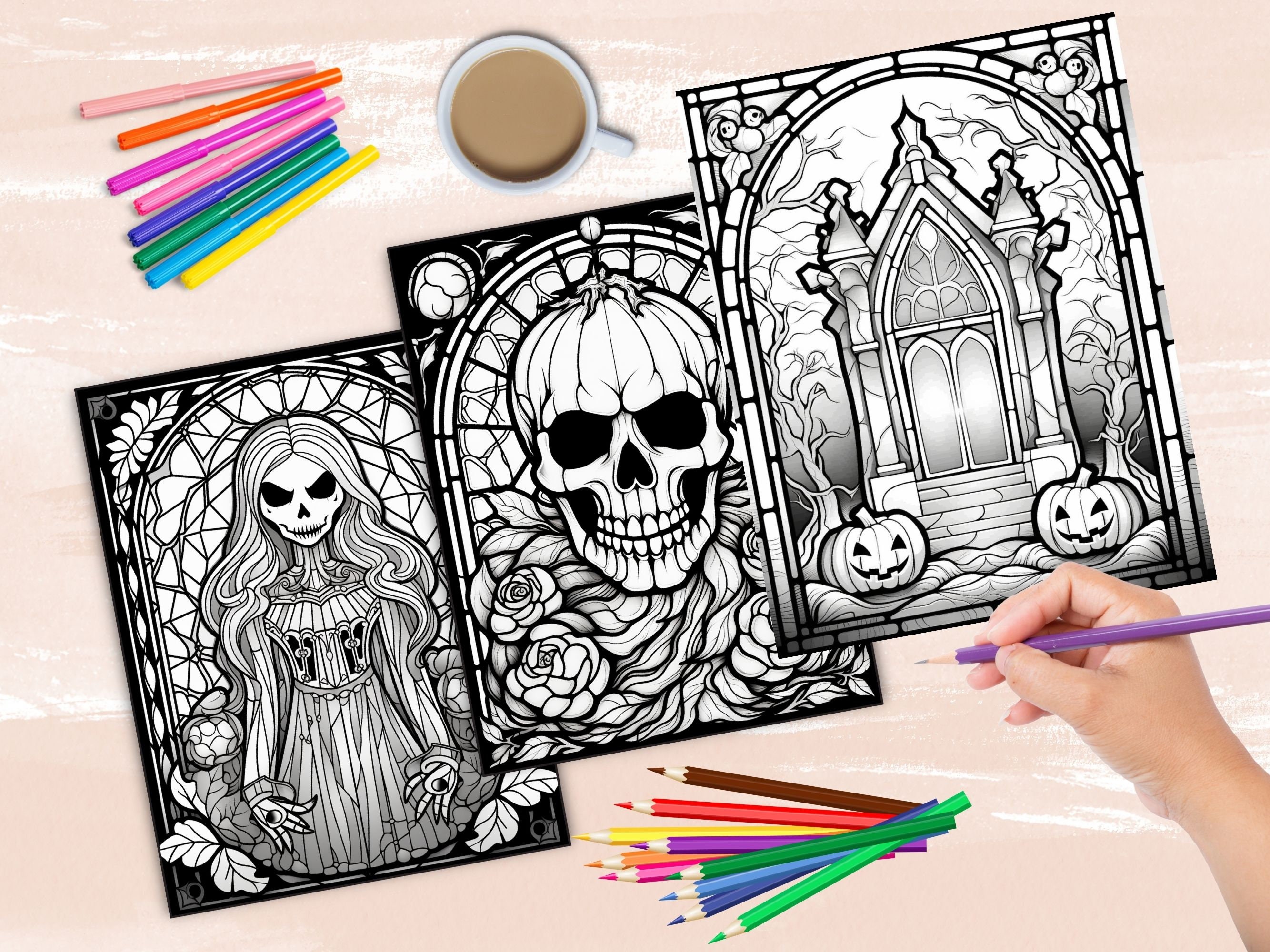 Stained Glass Halloween Coloring Book Grayscale Halloween - Etsy