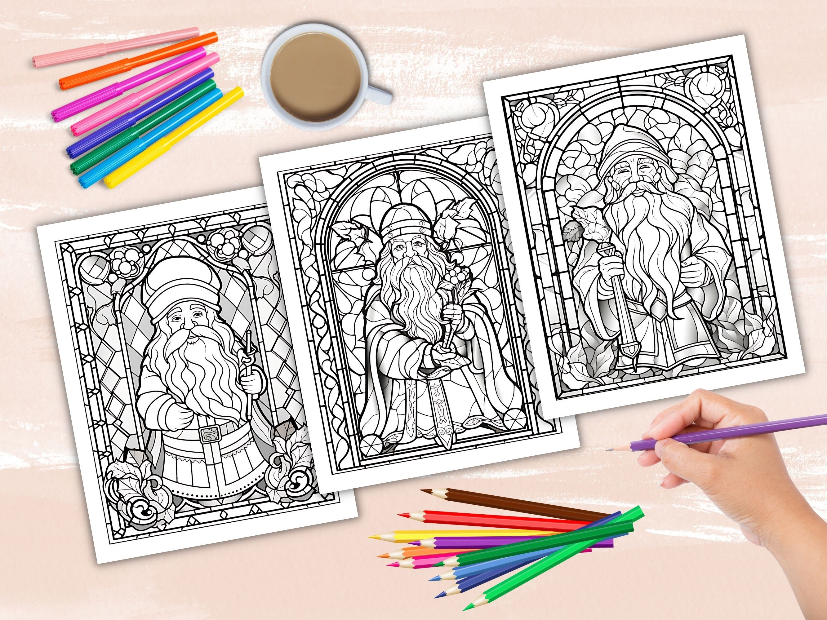 Stained Glass Santa Coloring Book, Merry Christmas Coloring, Santa ...
