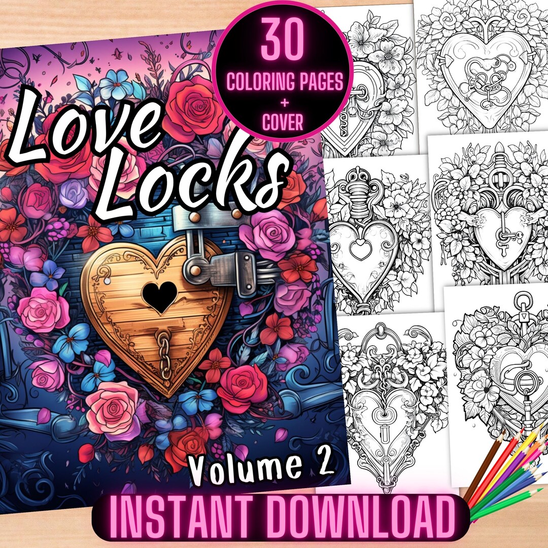 Love Locks Coloring Book, Floral Heart Lock Coloring Pages, Love Heart ...