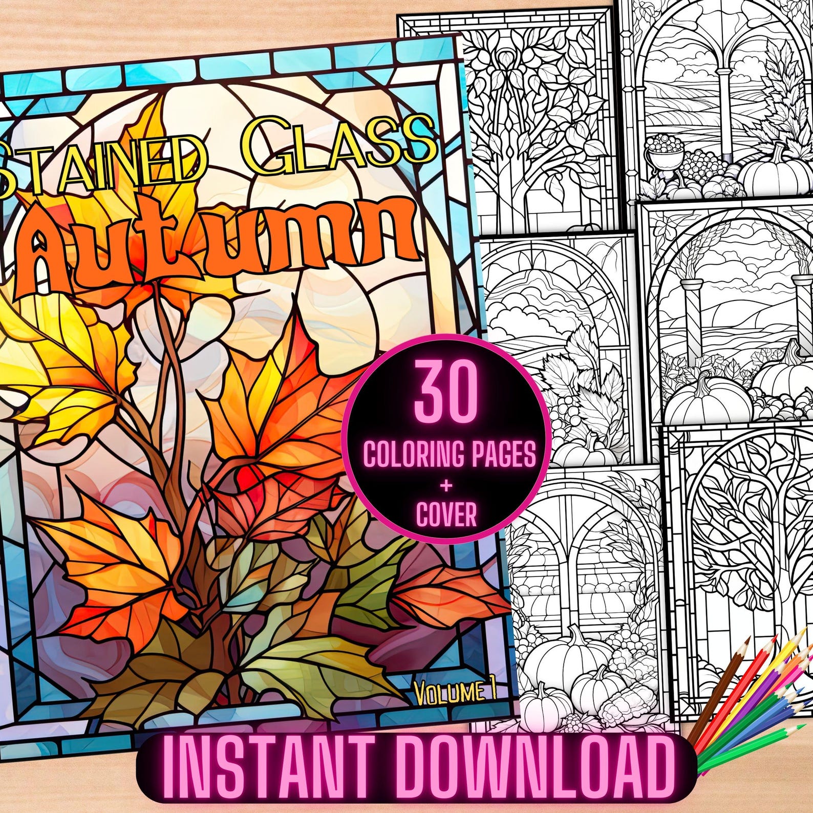Stained Glass Autumn Coloring Book, Fall Landscapes Coloring Pages ...
