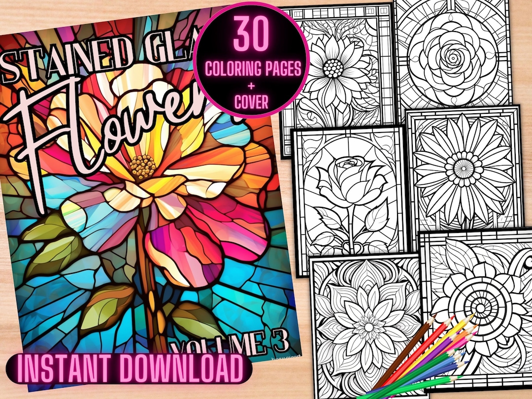 Stained Glass Flowers Coloring Book Floral Coloring Pages - Etsy