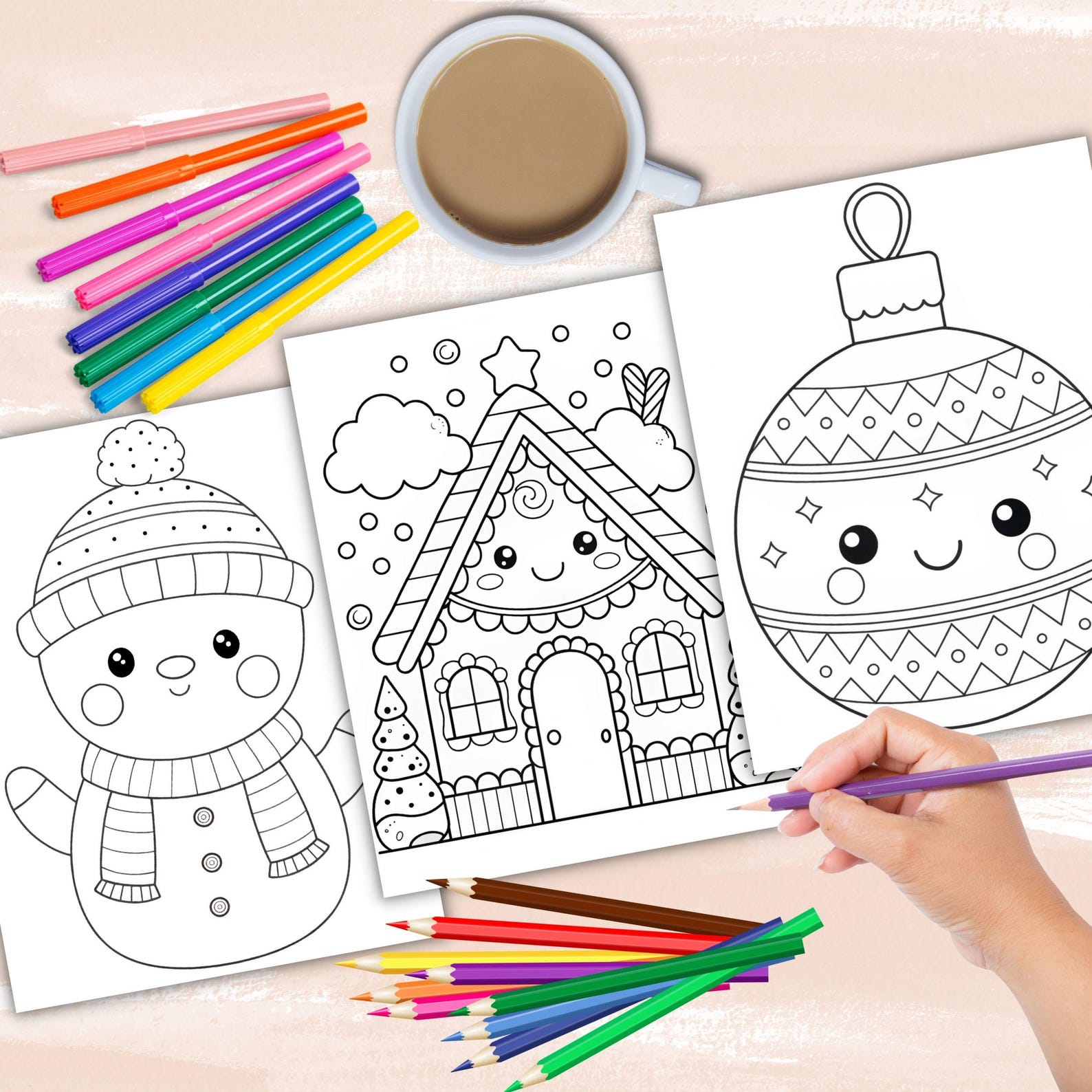 Cute Kawaii Christmas Coloring Pages, Kawaii Coloring Book, Bold Easy ...