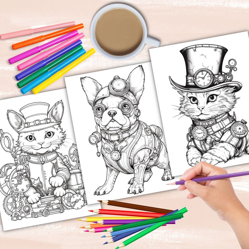Steampunk Pets Coloring Book, Steampunk Cats and Dogs Coloring Pages ...